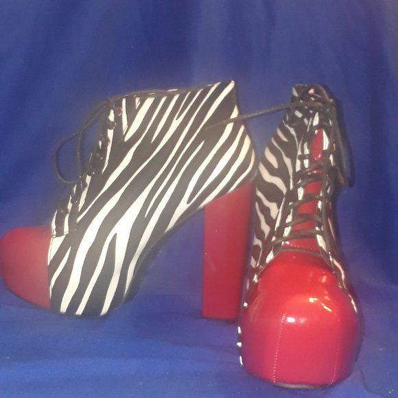 FSJ | Shoes | Zebra Print And Red Lace Up Chunky Heel Booties | Poshmark